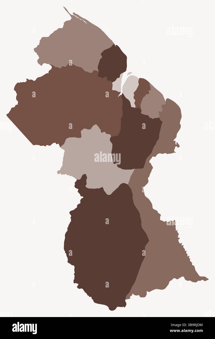 Map of Guyana with regions. Just a simple country border map with region division. Brown color ...
