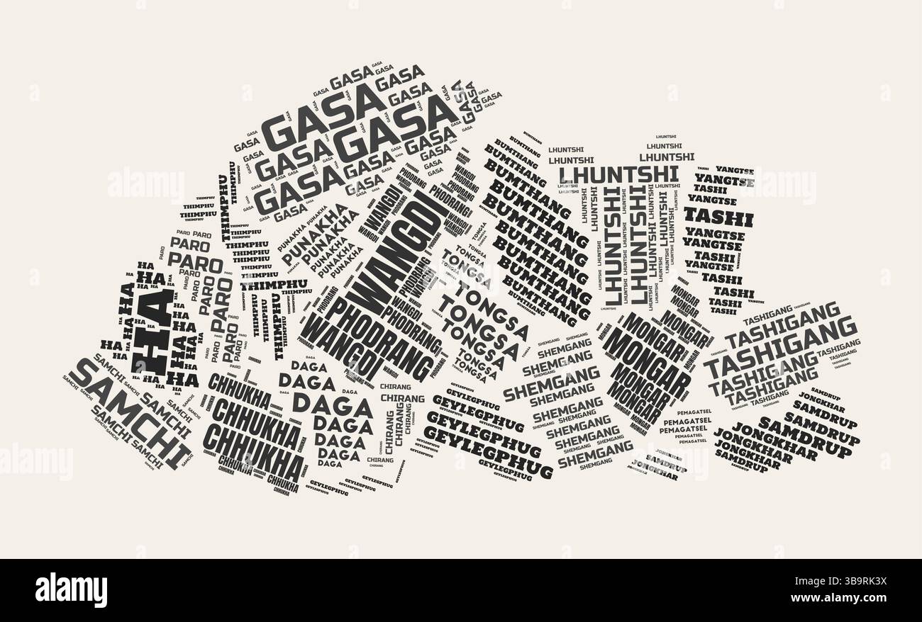 Bhutan Word Cloud. Country with regional divisions. Bhutan typographic ...