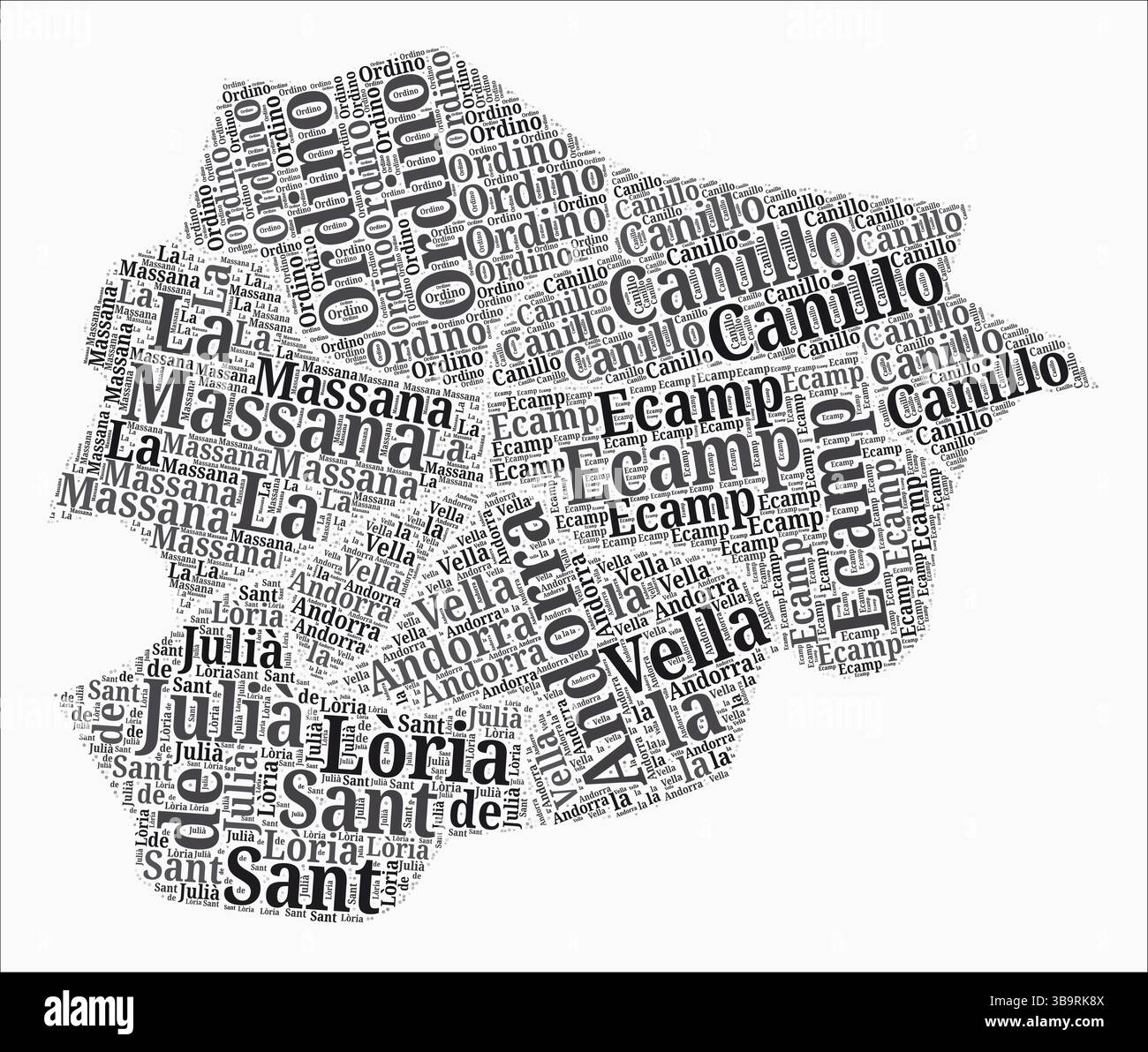 Andorra Text Style Regions. Country region names word clouds in Catalan ...