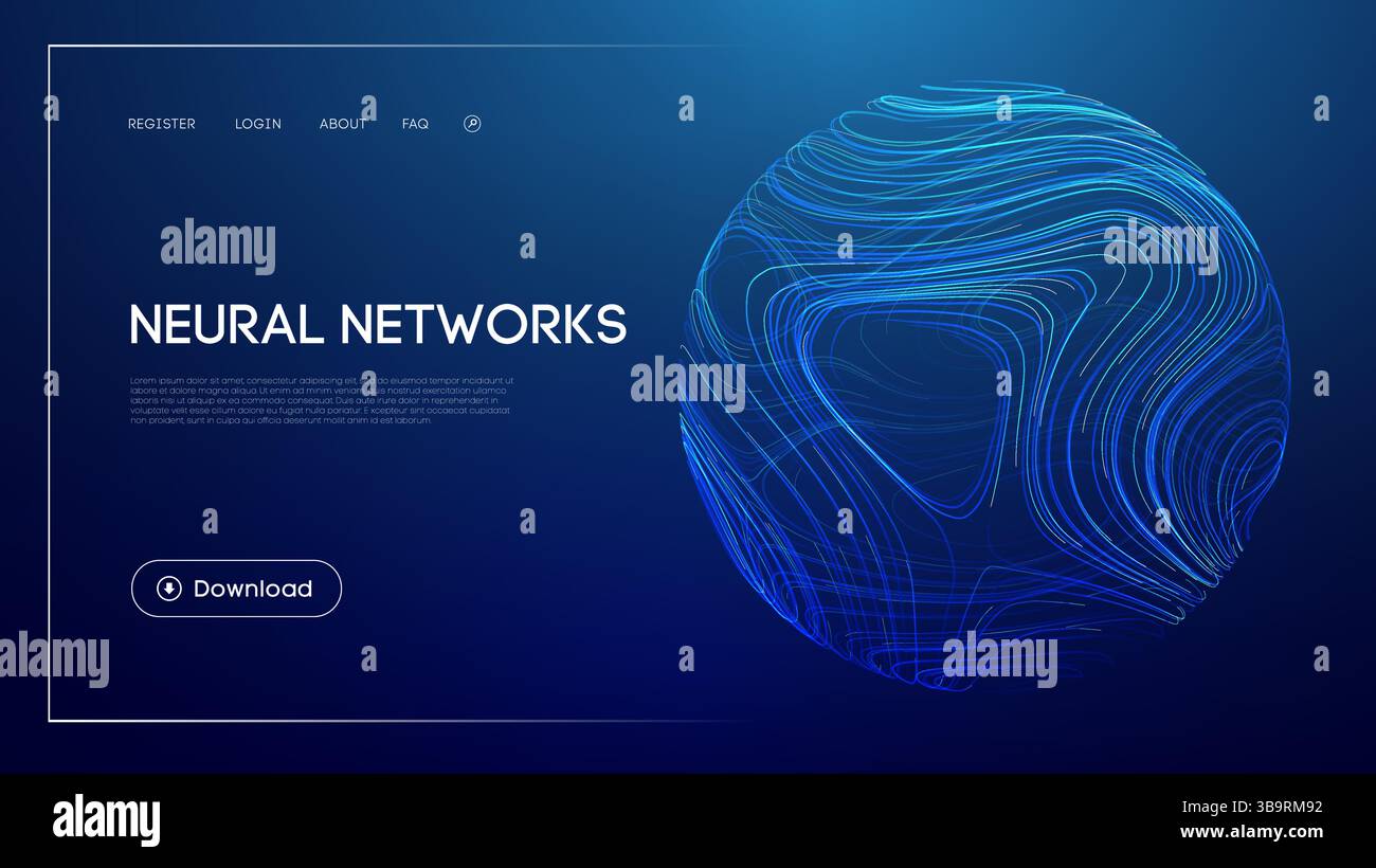 Neural networks technology with abstract glowing sphere, futuristic blue background, deep ...