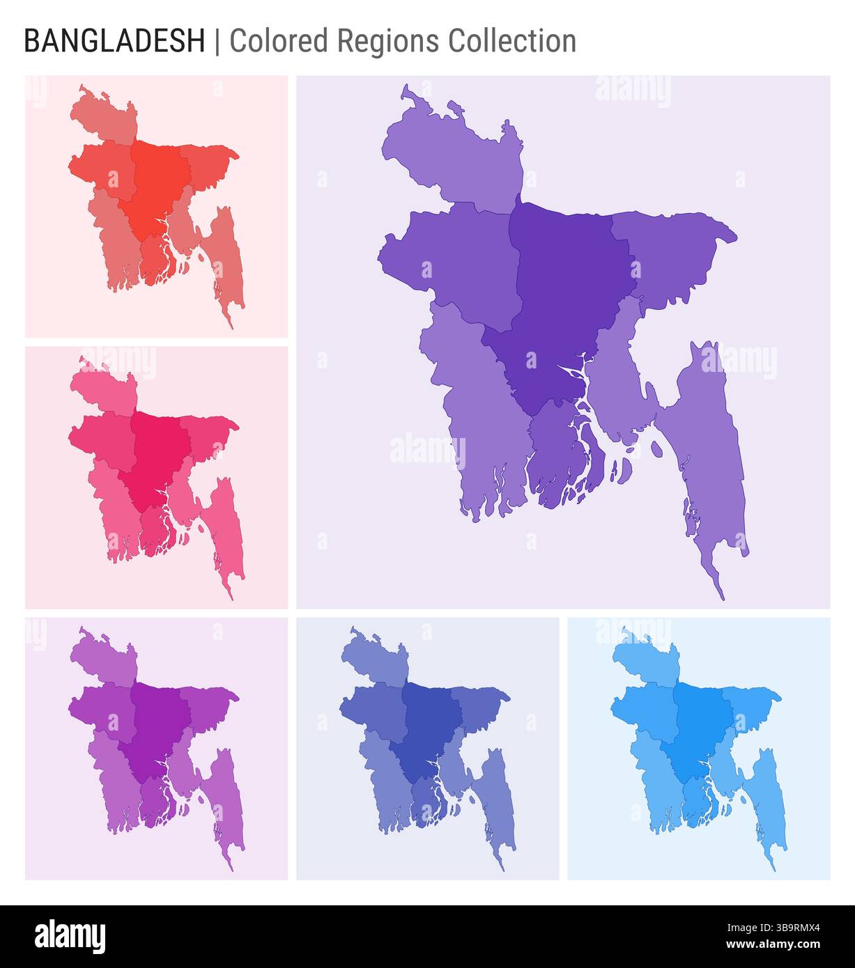 Bangladesh map collection. Country shape with colored regions. Deep ...