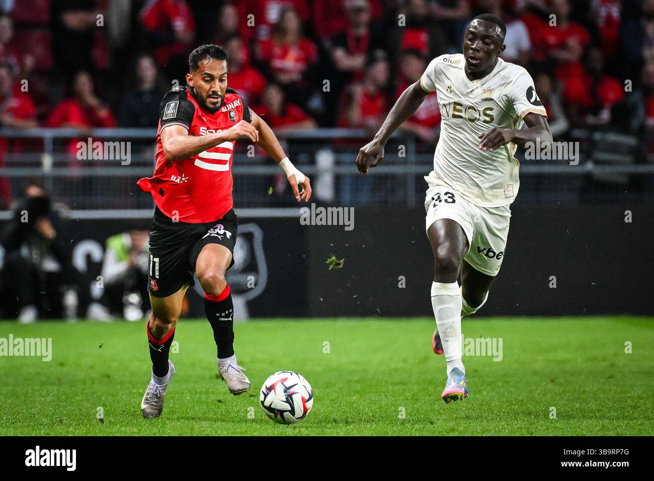 Rennes, France. 10th May, 2025. Musa AL-TAAMARI of Rennes and Antoine ...