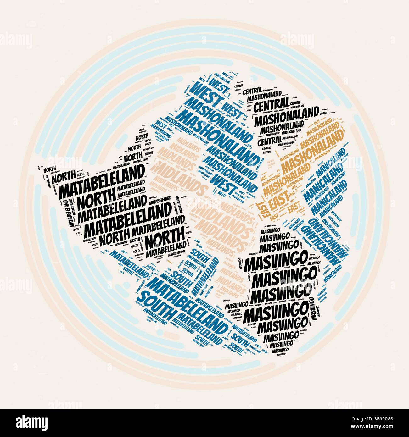 Zimbabwe Round Poster. Typography style image of the Country. Regions ...