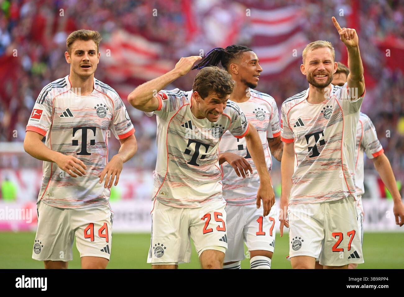 Munich, Deutschland. 10th May, 2025. Goal celebration from left: Josip ...