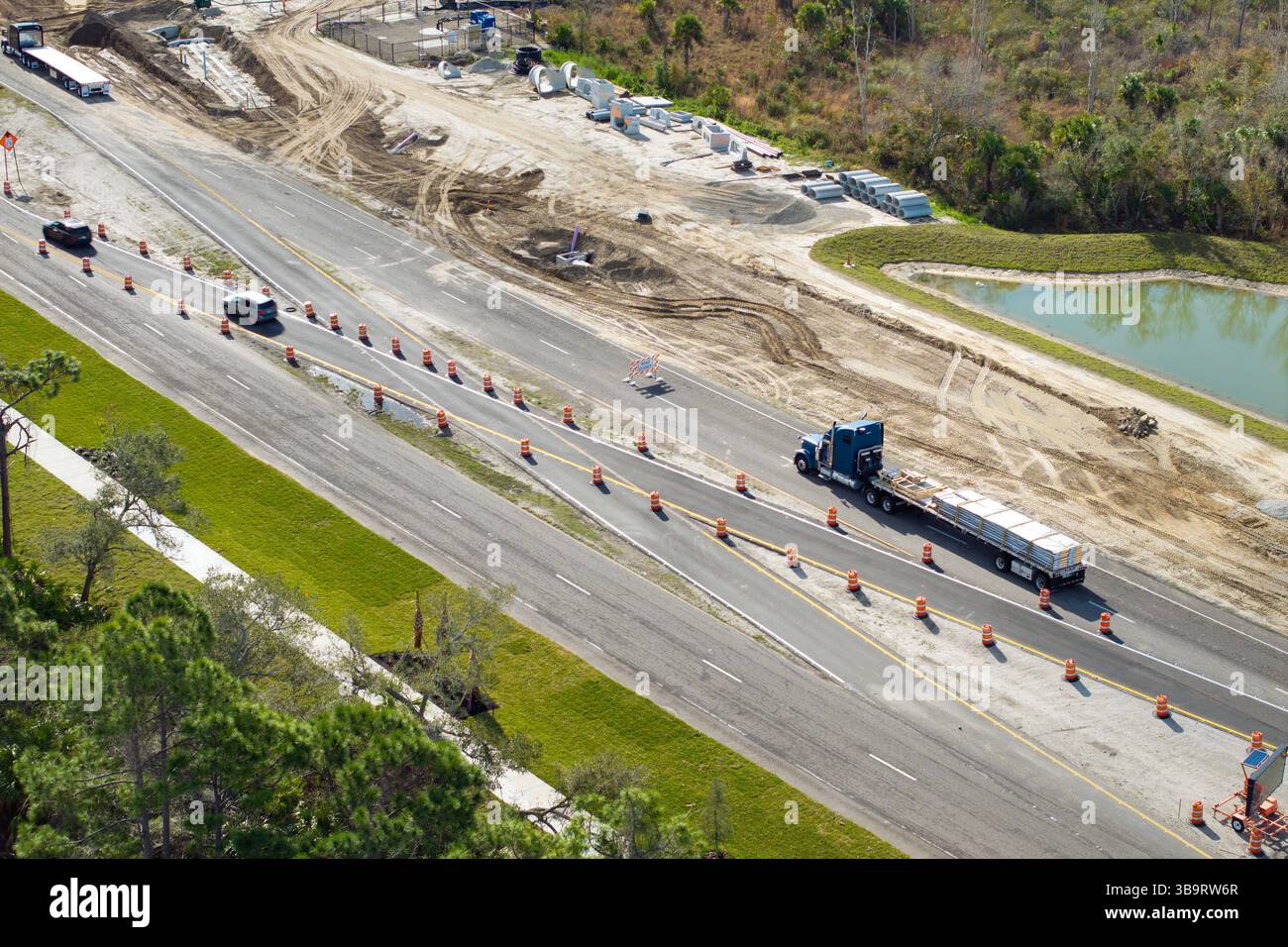 Industrial roadworks. Wide American highway under construction ...