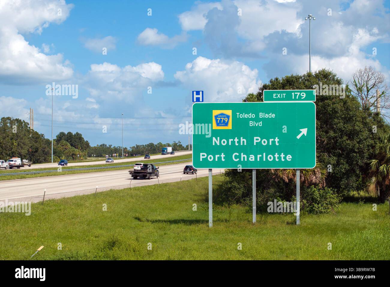 Interstate freeway exit sign in Florida, USA. I-75 highway interchange ...
