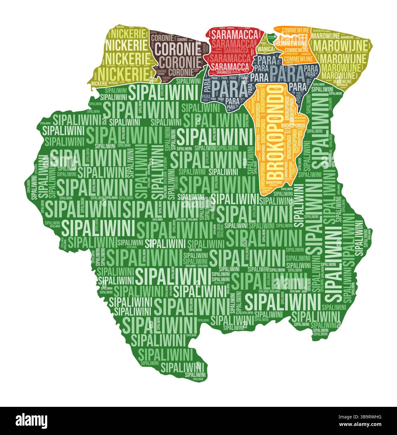 Suriname shape. Country word cloud with region division. Suriname ...