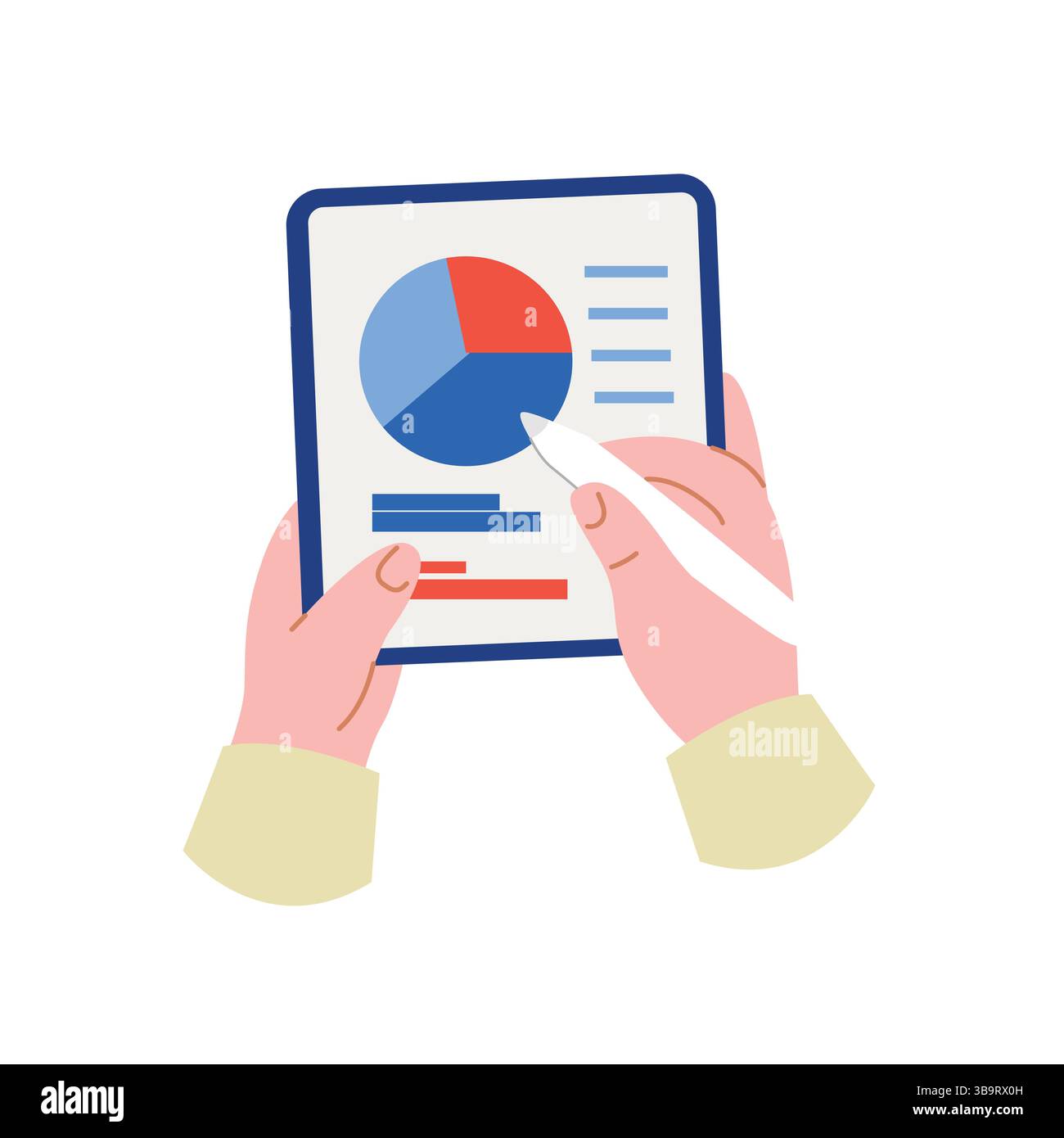 Flat illustration of hands analyzing a pie chart on a digital tablet ...