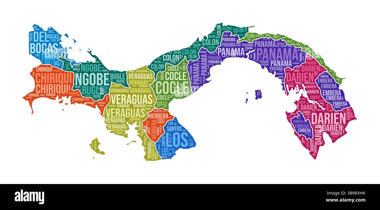 Panama shape. Country word cloud with region division. Panama colored ...