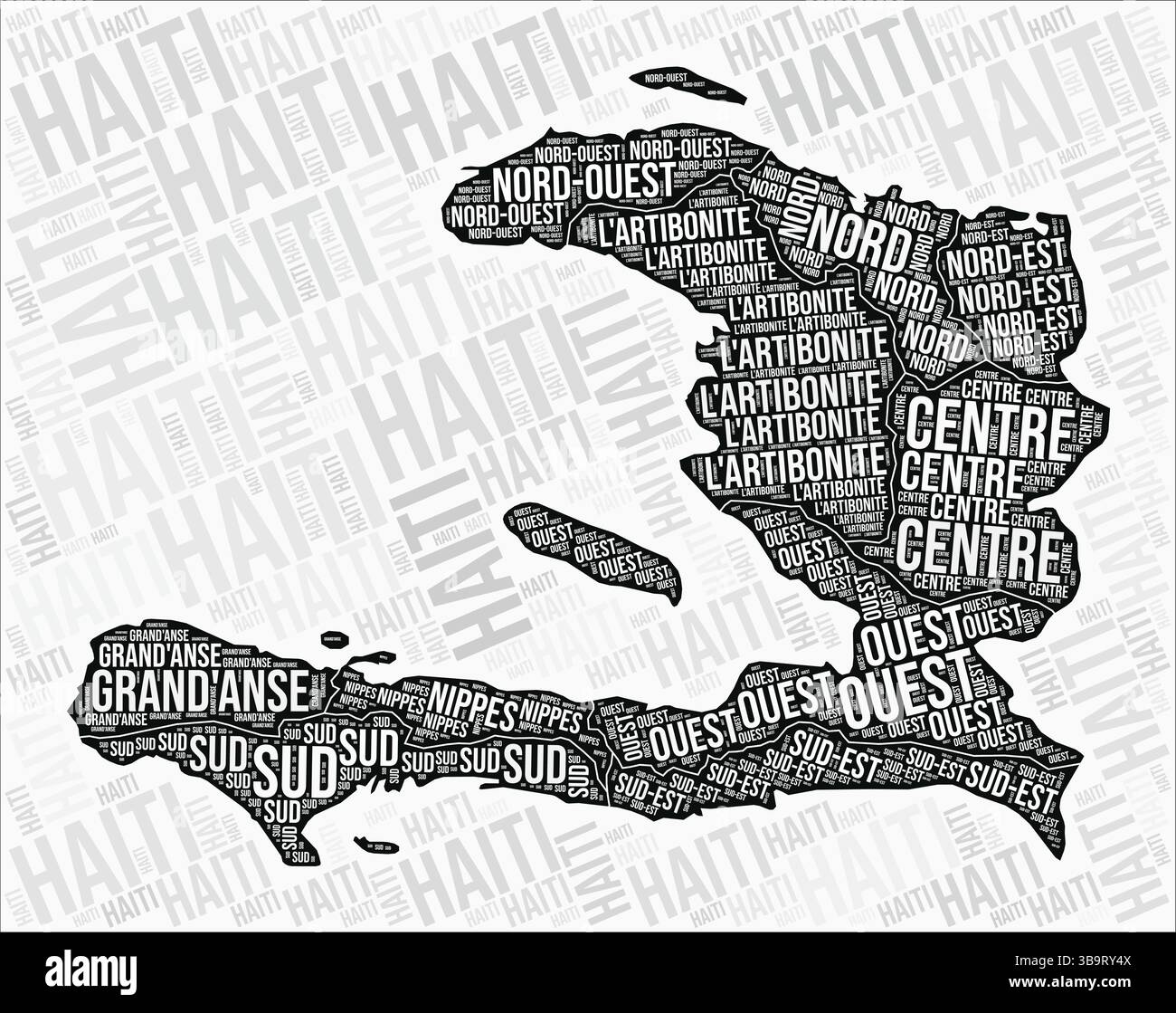 Haiti regions map word cloud. Haiti region names. Black and white map ...