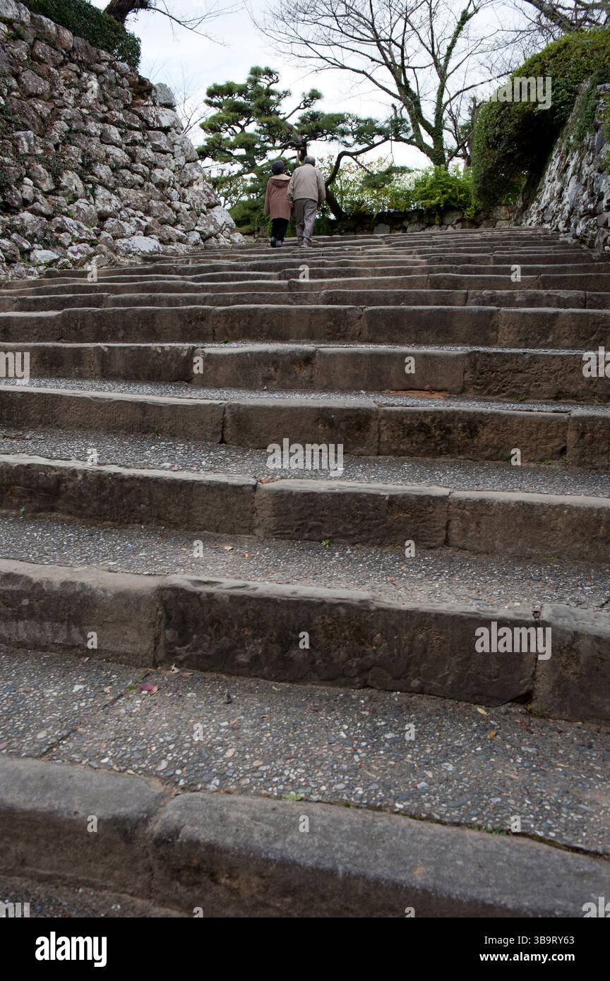 Elderly couple climbing a series of steps between stone walls leading up to Kochi Castle in ...