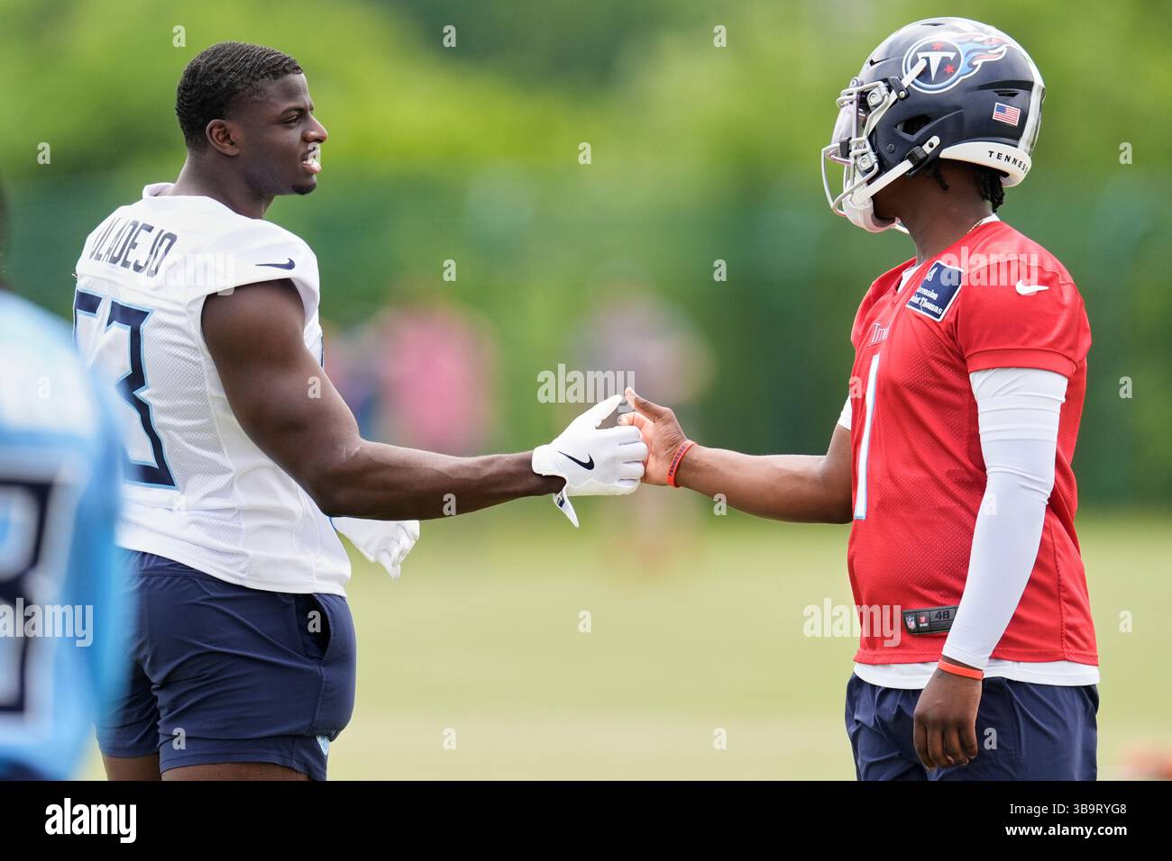 Tennessee Titans linebacker Oluwafemi Oladejo, left, shakes hands with ...