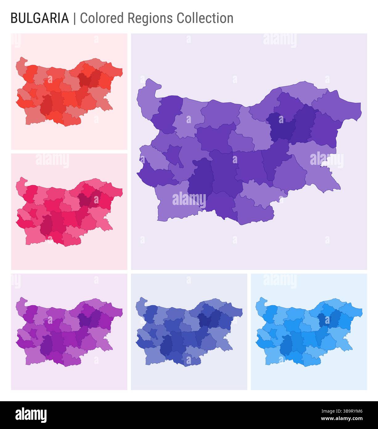 Bulgaria map collection. Country shape with colored regions. Deep ...