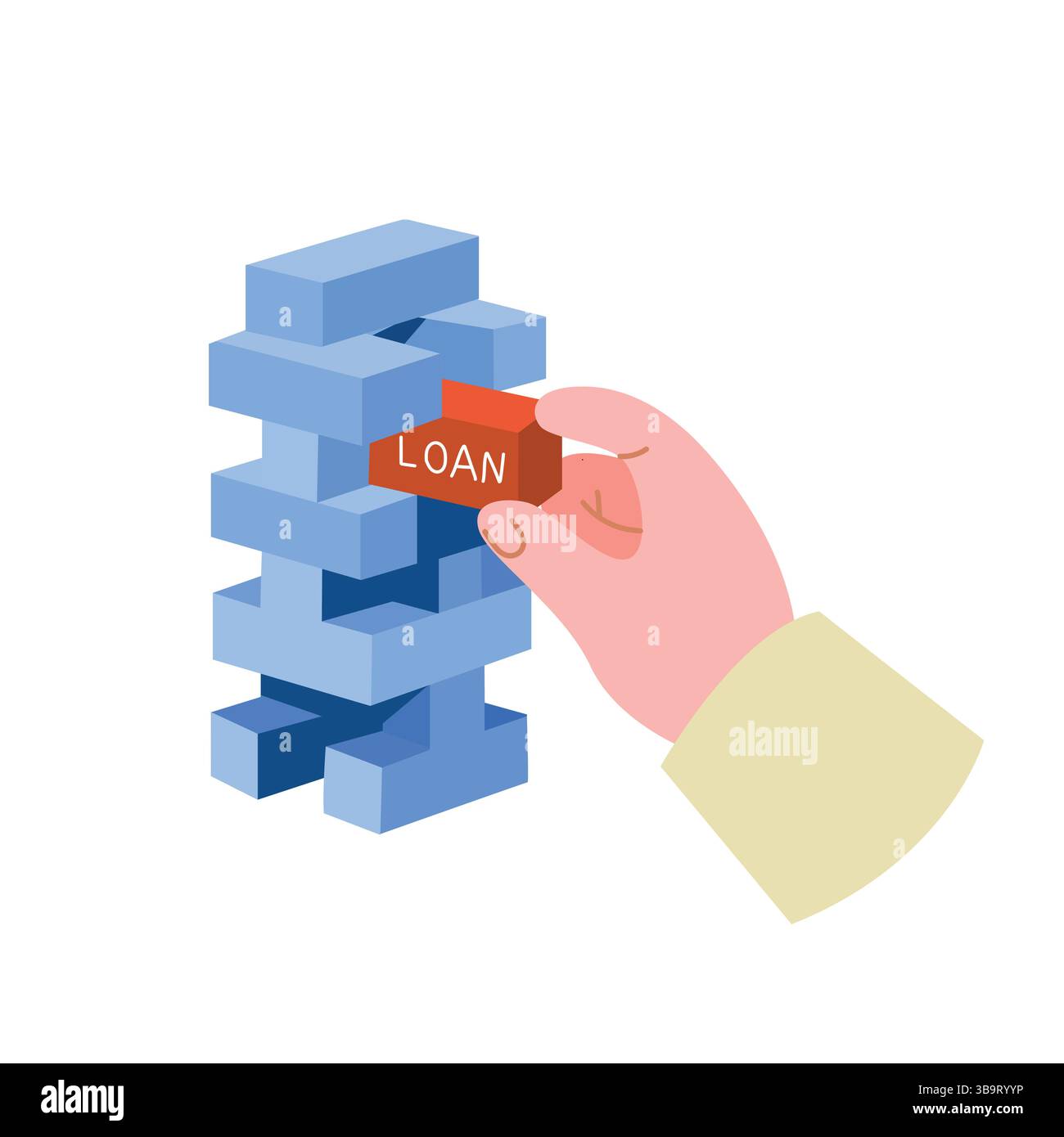 Flat illustration of a hand pulling a "loan" block from a tower of ...