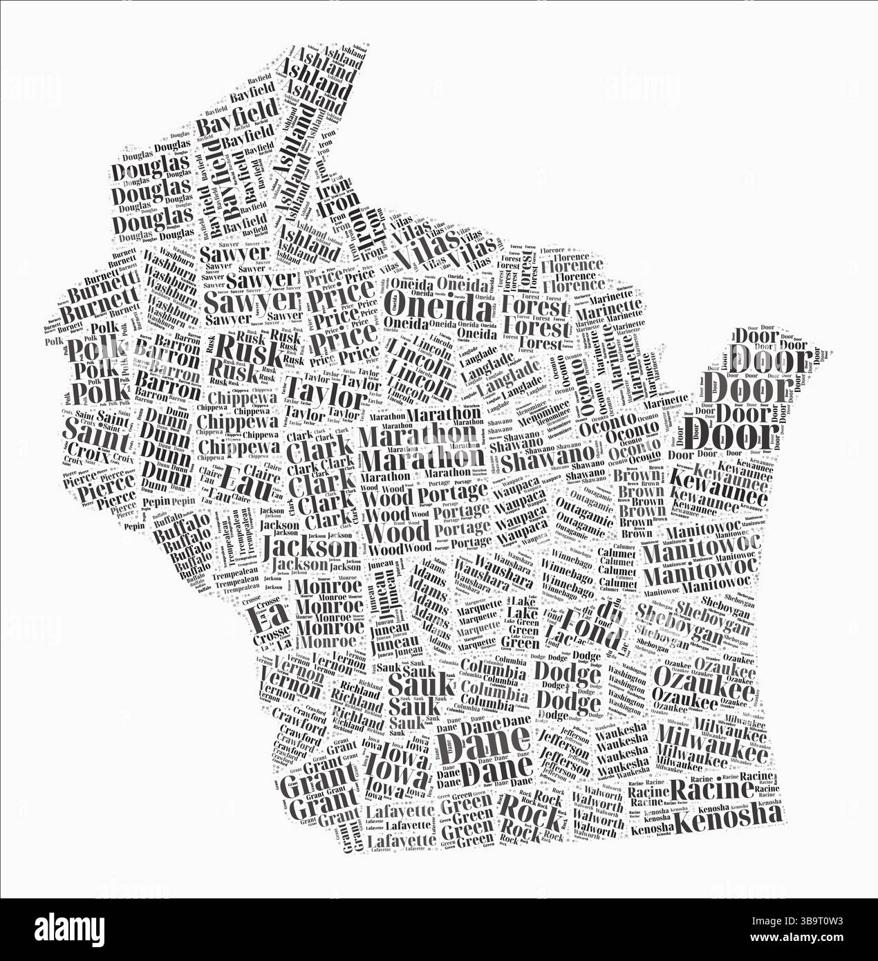 Wisconsin Text Style Counties. State region names word clouds in ...