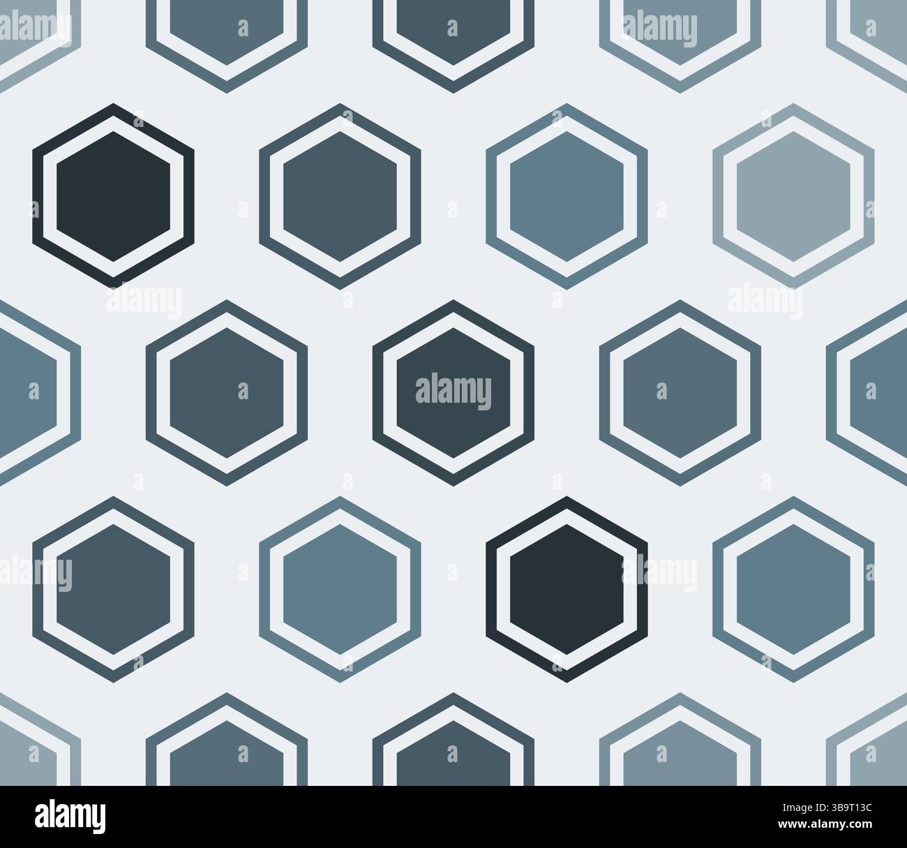 Pattern of geometric shapes. Hexagon bold mosaic cell with padding and inner solid cells. Blue ...