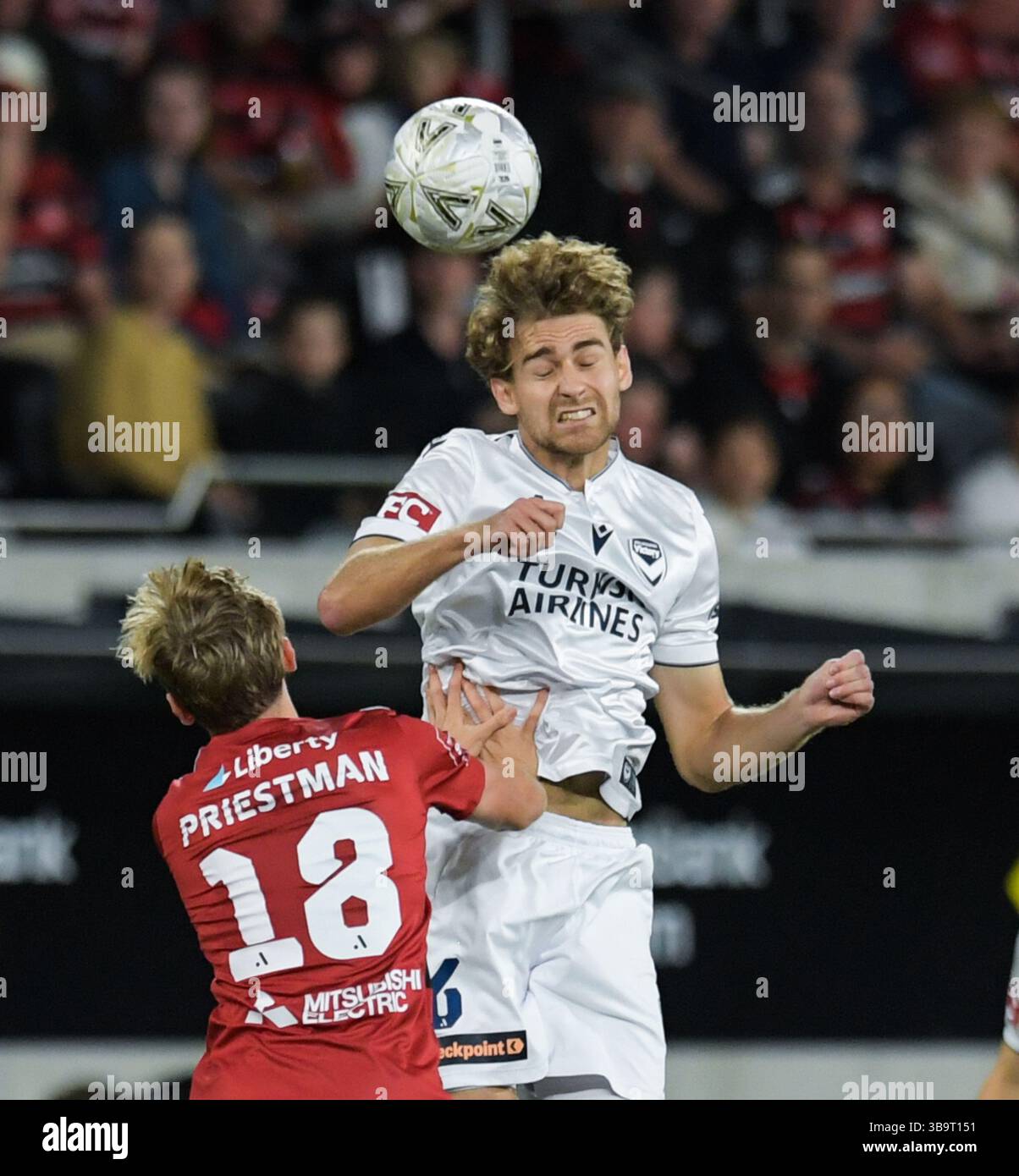 Parramatta, Australia. 10th May, 2025. Oscar Priestman (L) of Western Sydney Wanderers and Ryan ...