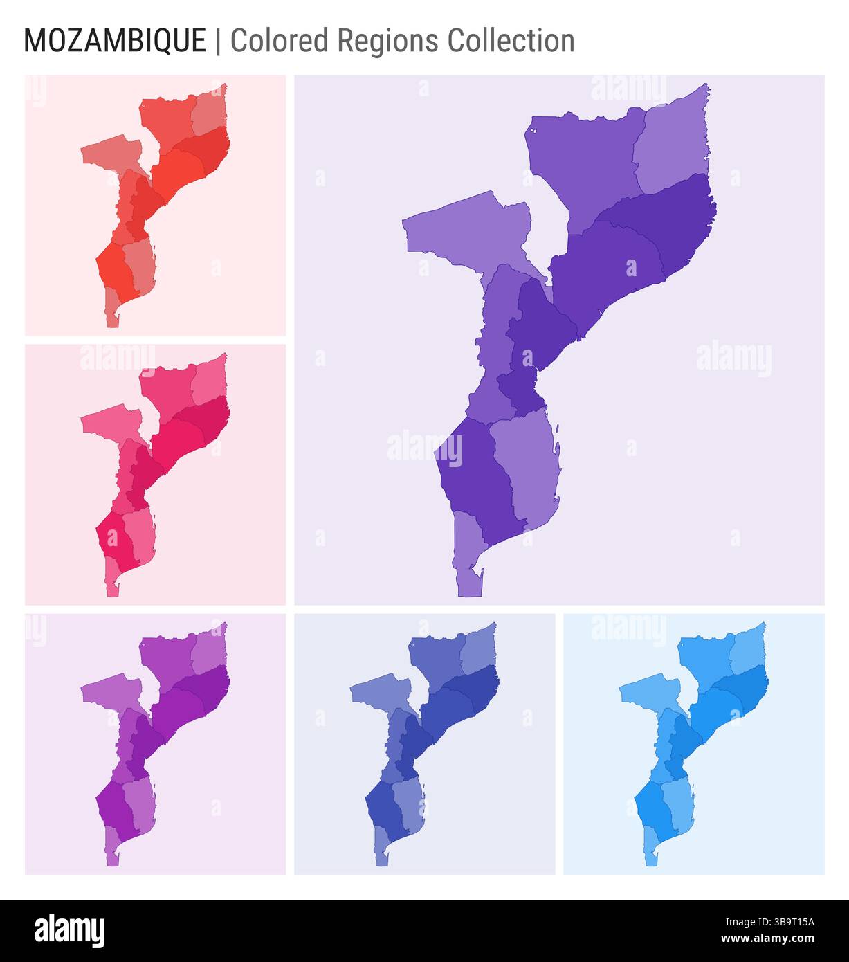 Mozambique map collection. Country shape with colored regions. Deep Purple, Red, Pink, Purple ...