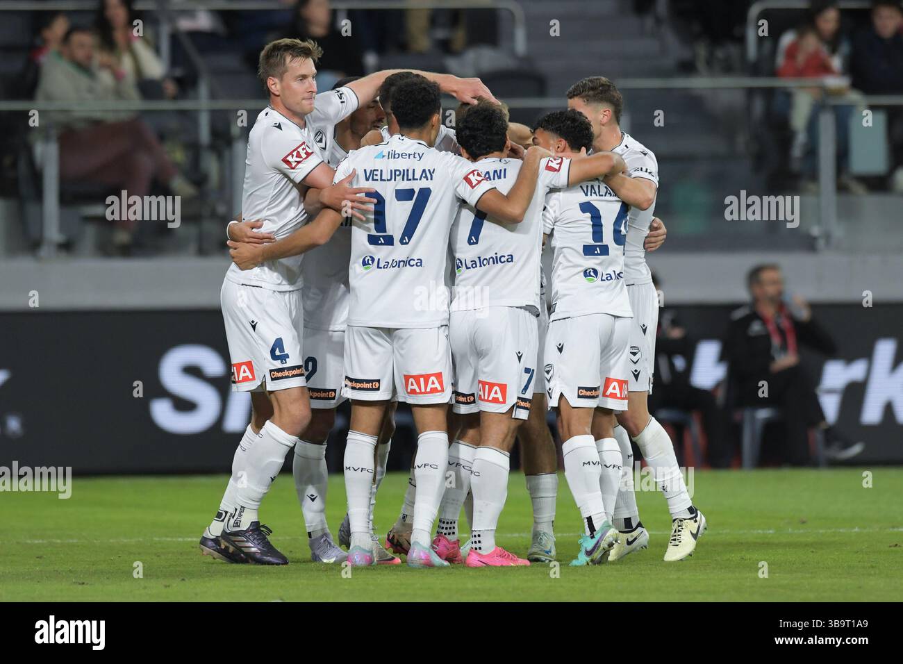 Parramatta, Australia. 10th May, 2025. Melbourne Victory team celebrate a goal during the 2024 ...