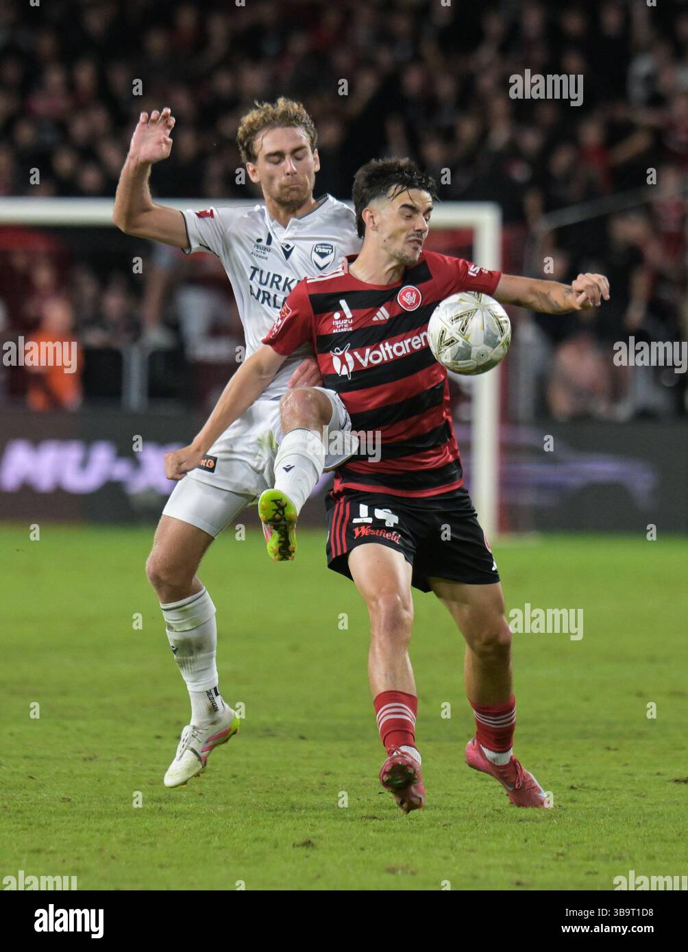 Parramatta, Australia. 10th May, 2025. Ryan Teague (L) of Melbourne Victory and Nicolas ...