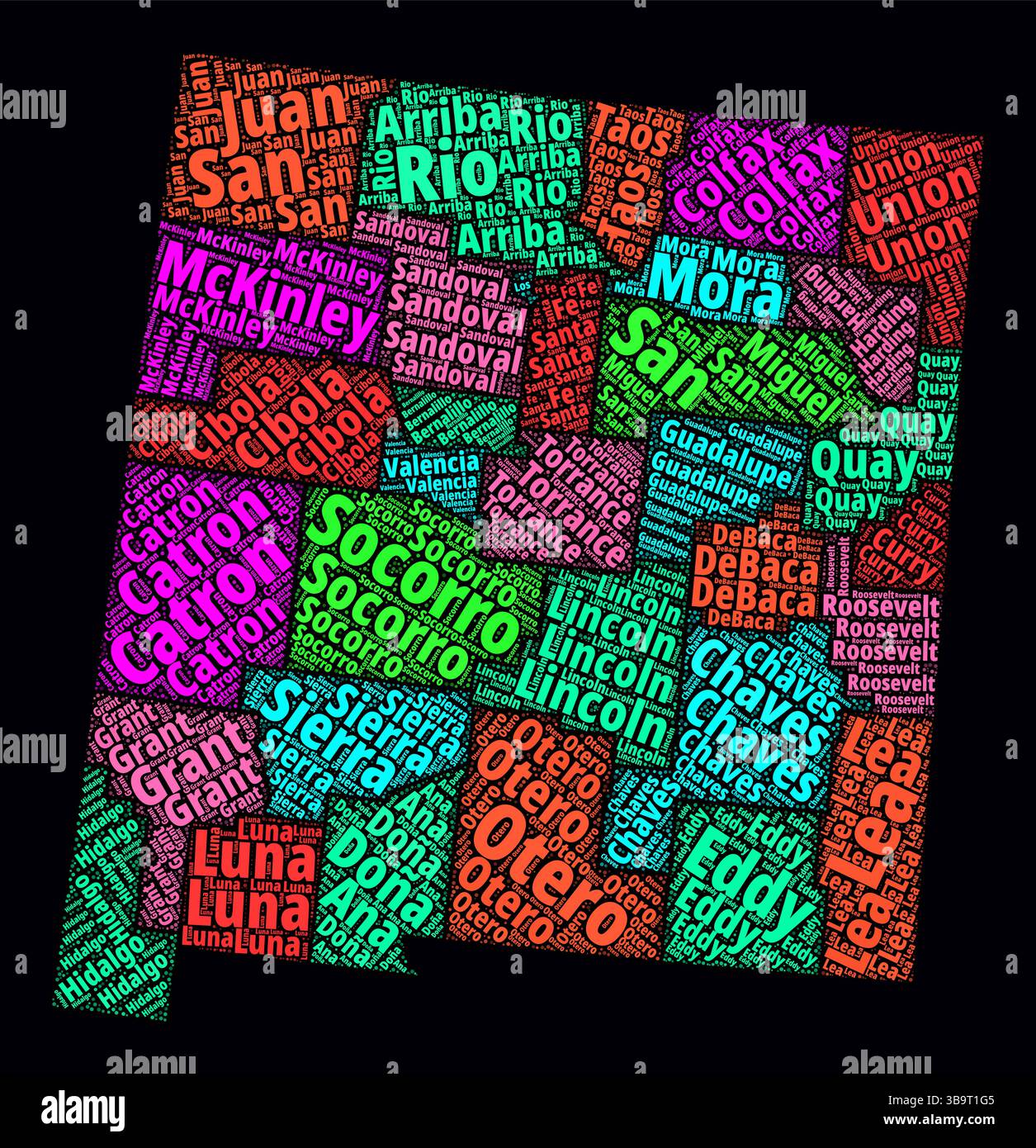 New Mexico Regions Word Clouds. Bright typographic style design on dark background. New Mexico ...