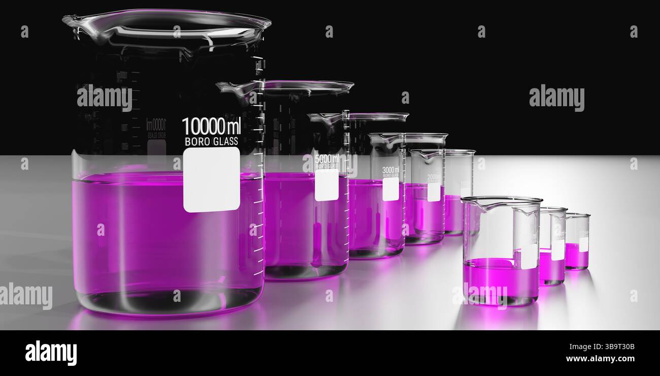 Family of laboratory beakers containing a clear violet liquid ...