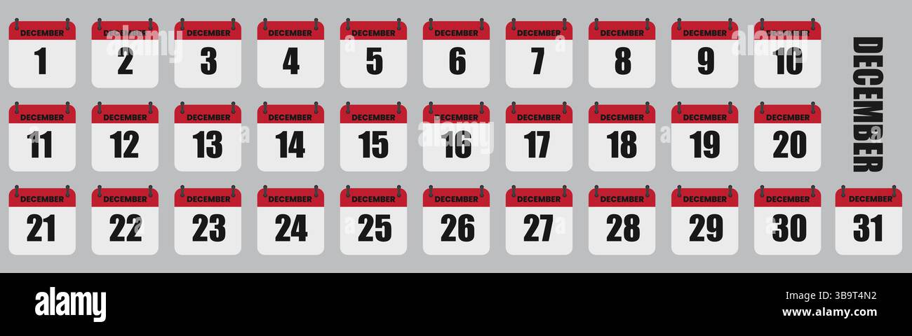 December Calendar Days Full Month Set, Dates 1st to 31st Vector ...