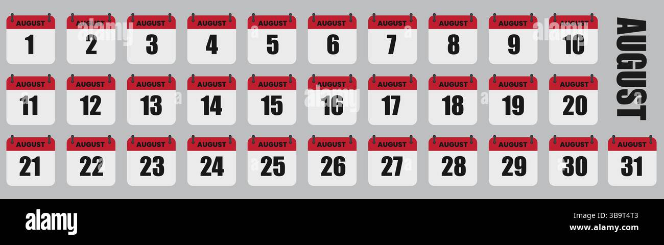 August Calendar Days Full Month Set, Dates 1st to 31st Vector ...