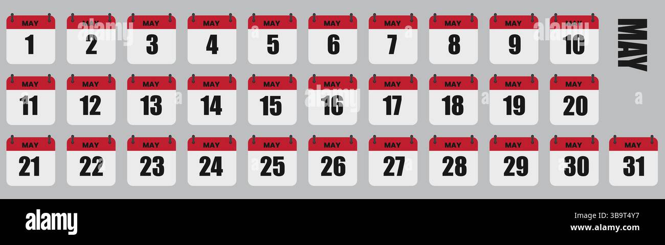 May Calendar Days Full Month Set, Dates 1st to 31st Vector Illustration ...