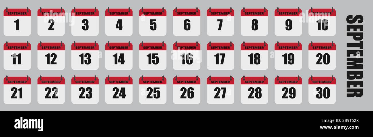 September Calendar Days Full Month Set, Dates 1st to 30th Vector ...