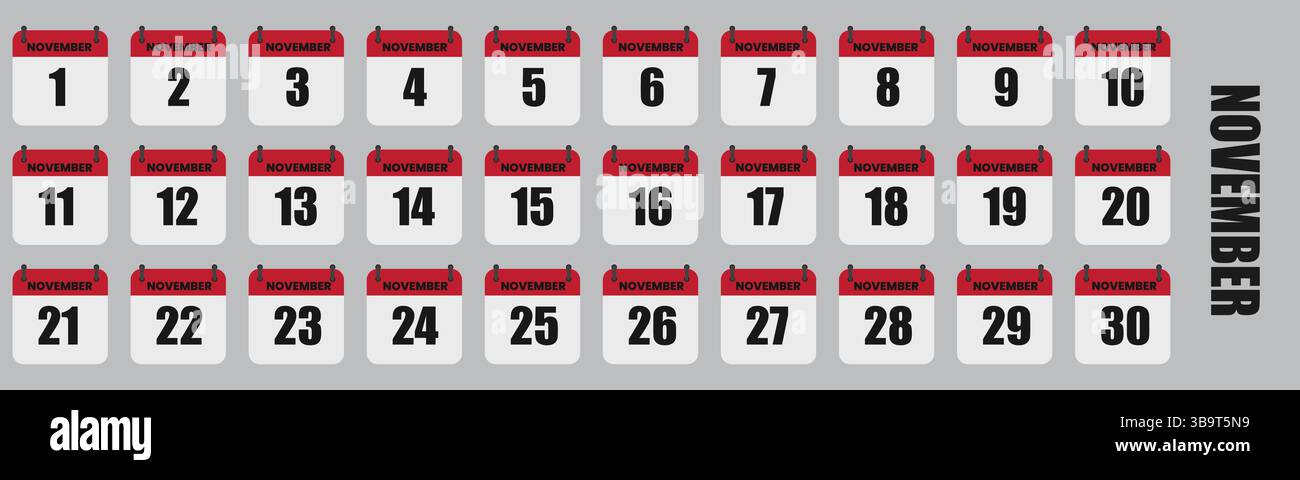 November Calendar Days Full Month Set, Dates 1st to 30th Vector ...