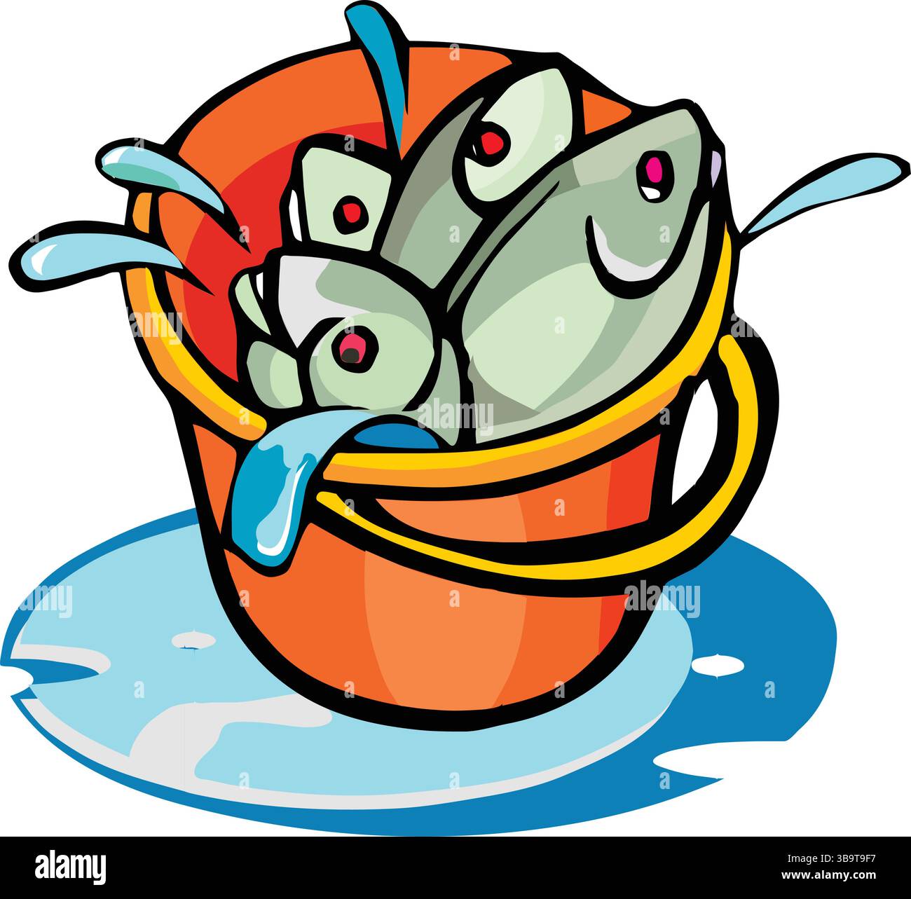 An abstract vector illustration shows a fish pail bucket in a cartoon ...