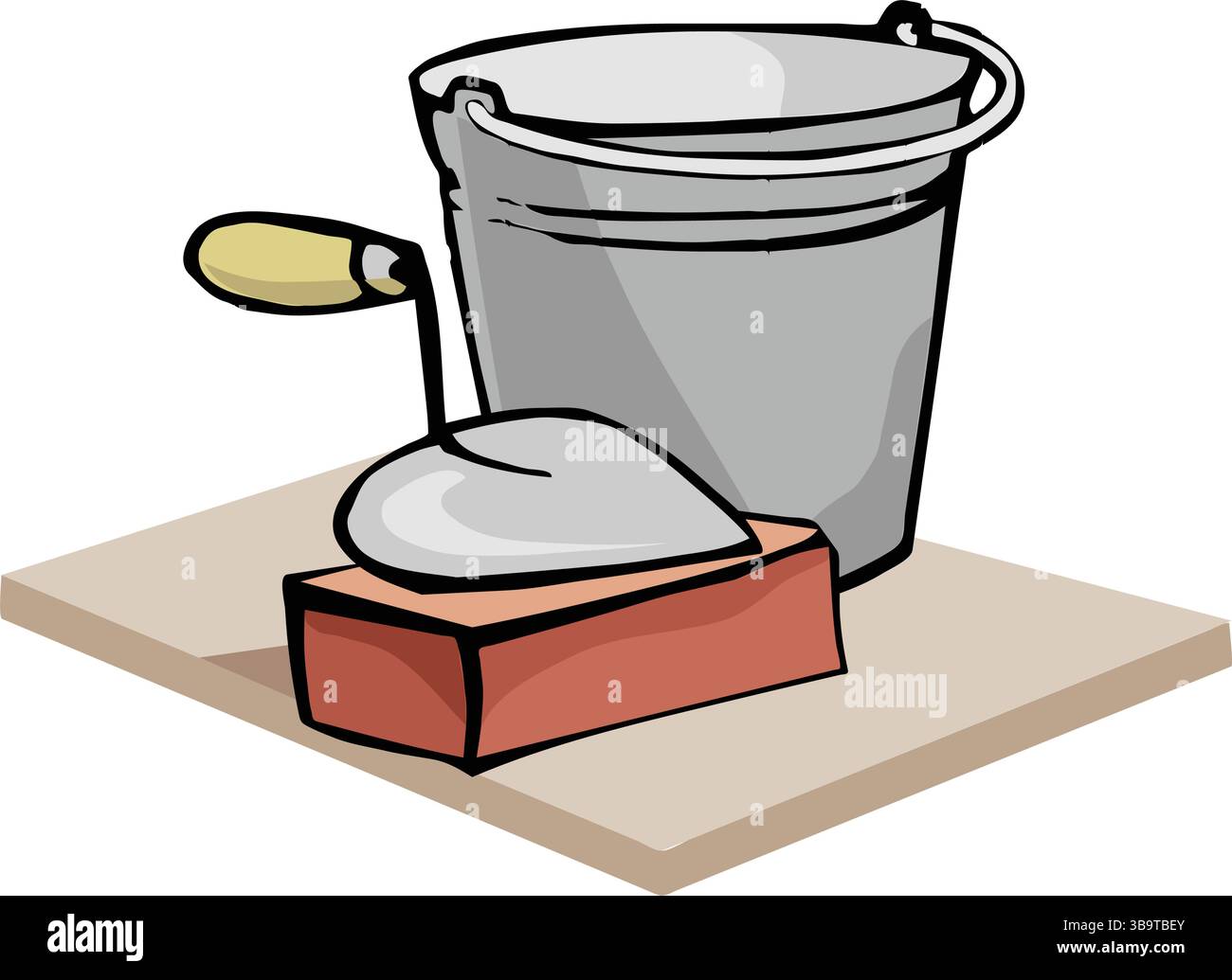 An abstract vector illustration shows a pail bucket and brick trowel in ...