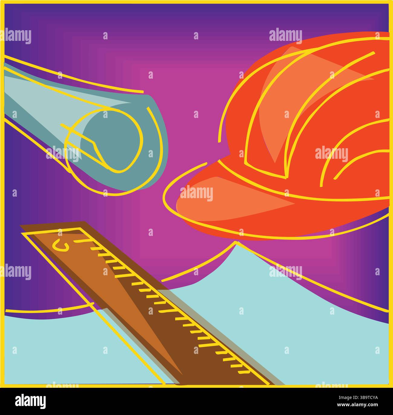 An abstract vector illustration shows a helmet and ruler and blueprint ...