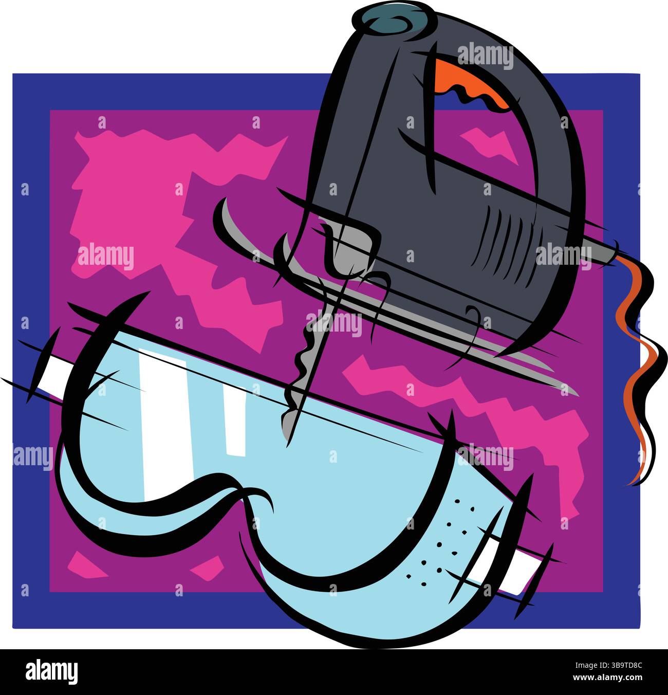 An abstract vector illustration shows a cordless jigsaw and eyewear ...