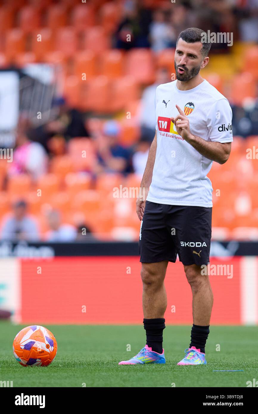 VALENCIA, SPAIN - MAY 10: Jose Gaya Left-Back of Valencia CF warms up ...