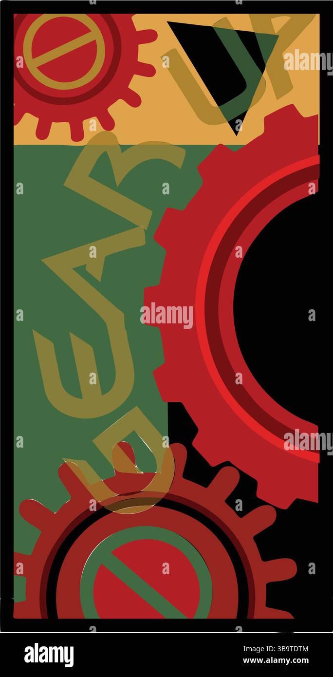 An abstract vector illustration shows a mechanical gear mechanism in ...