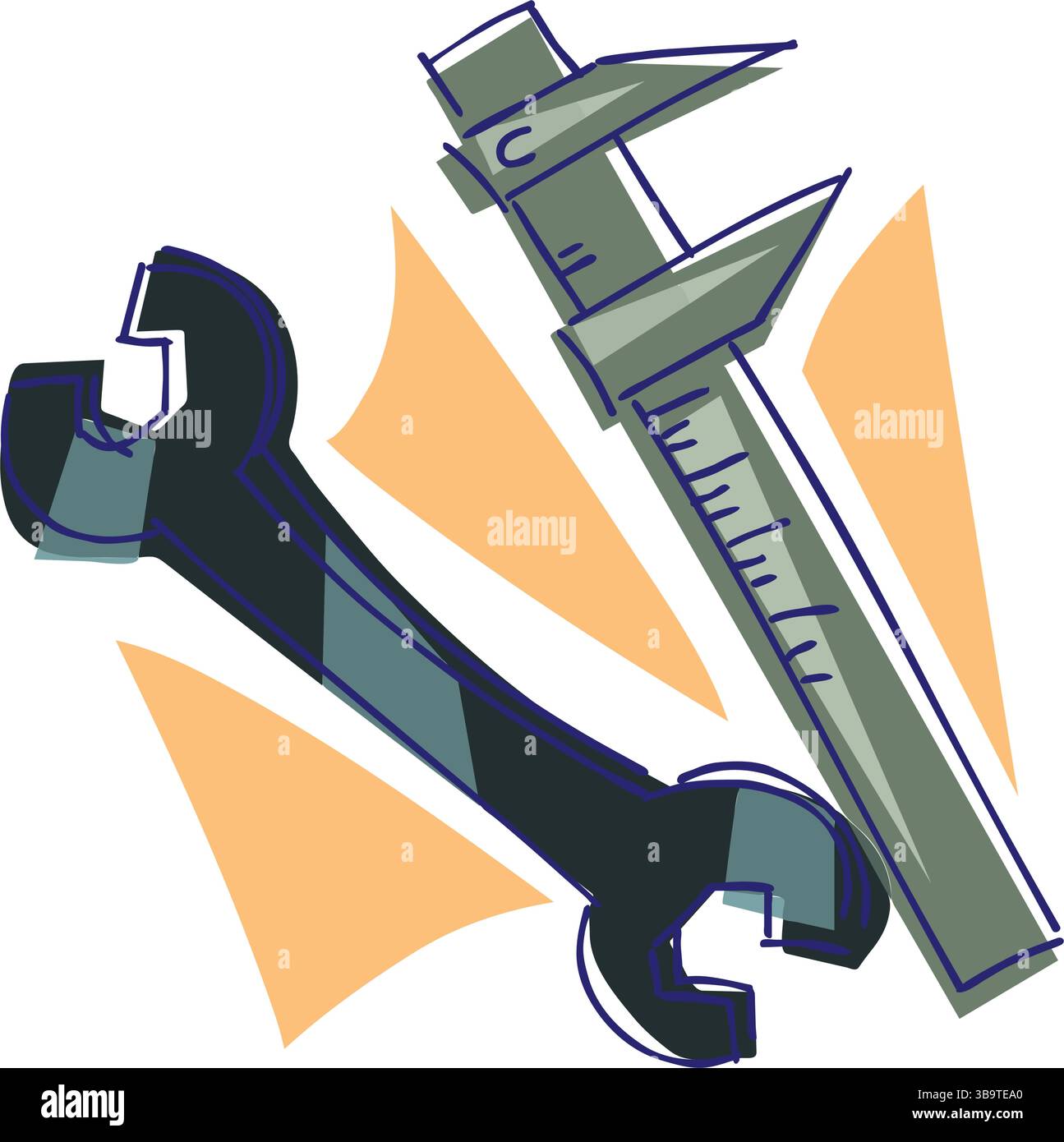 An abstract vector illustration shows a set of wrench tools in cartoon ...