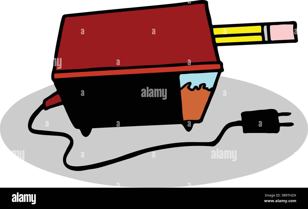 An abstract vector illustration shows a pencil sharpener in cartoon ...
