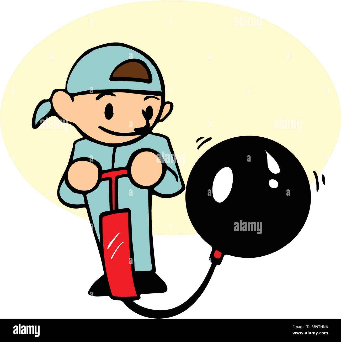 An abstract vector illustration shows a boy blowing up a balloon with a ...