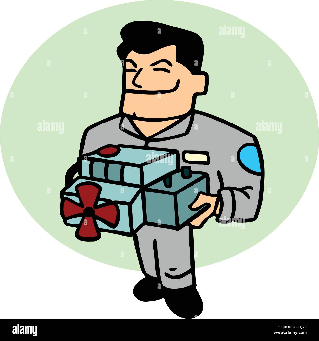 An abstract vector illustration shows a mechanic repairs engine of car ...