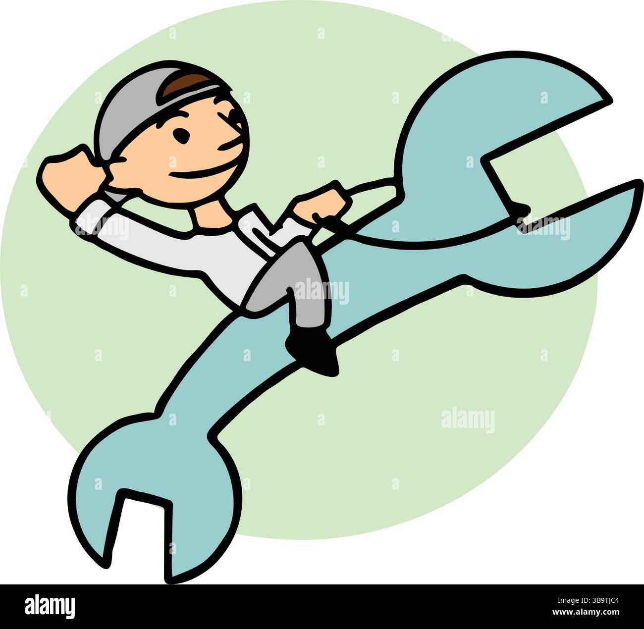An abstract vector illustration shows a mechanic riding wrench like a ...