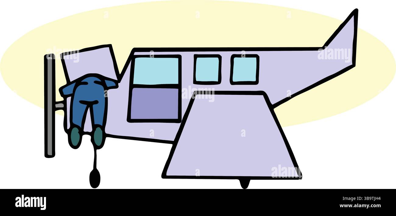 An abstract vector illustration shows a mechanic repair airplane engine ...