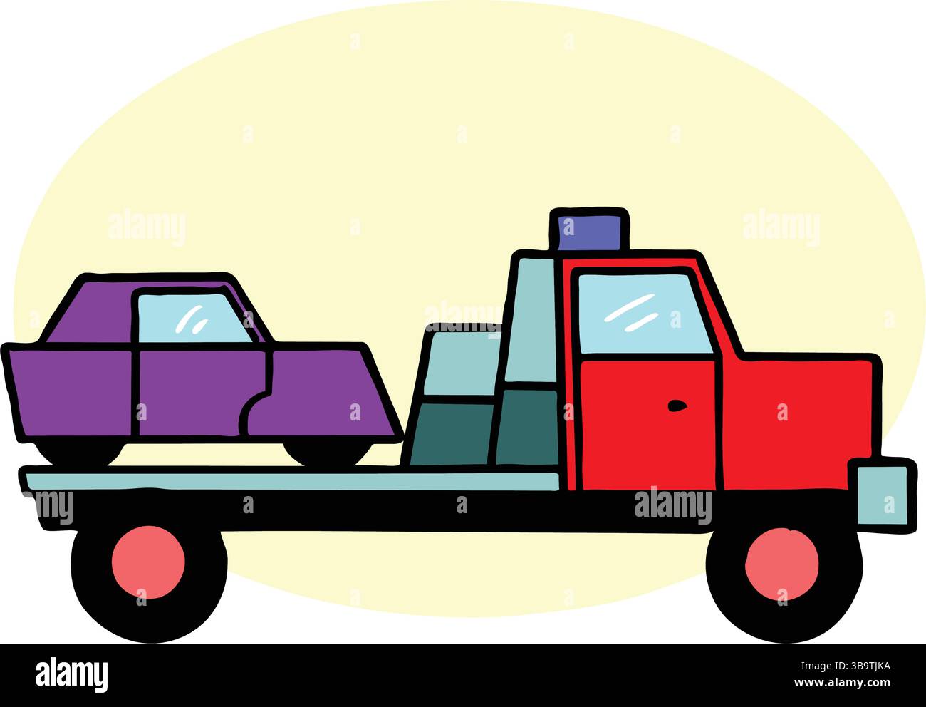 An abstract vector illustration shows a tow truck carrying a car in ...