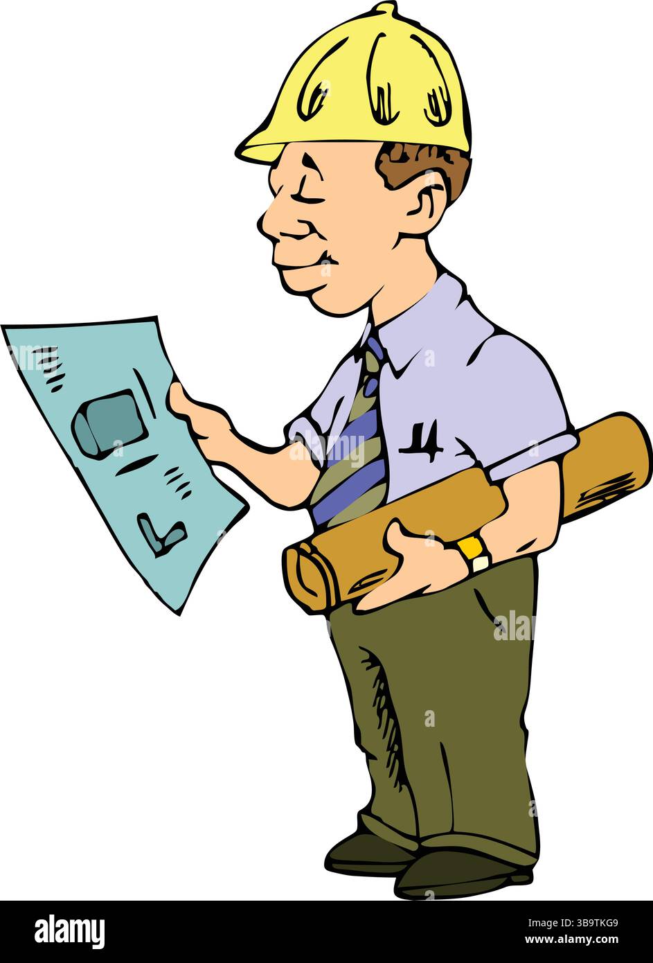 An abstract vector illustration shows an engineer man study drawings in ...