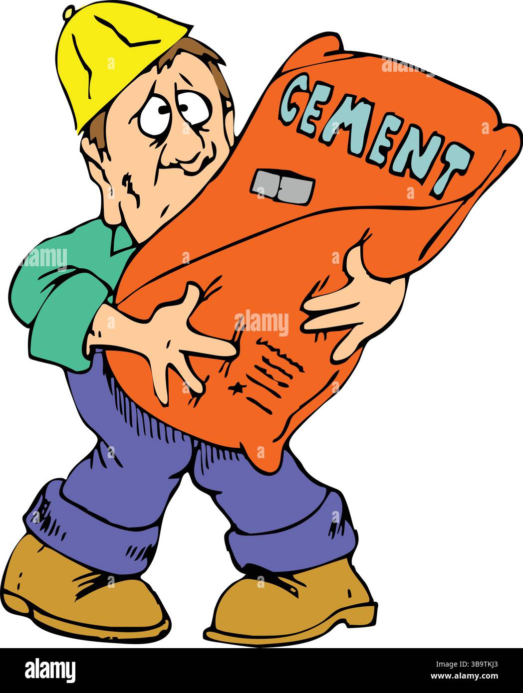 An abstract vector illustration shows a worker carrying a bag of cement ...