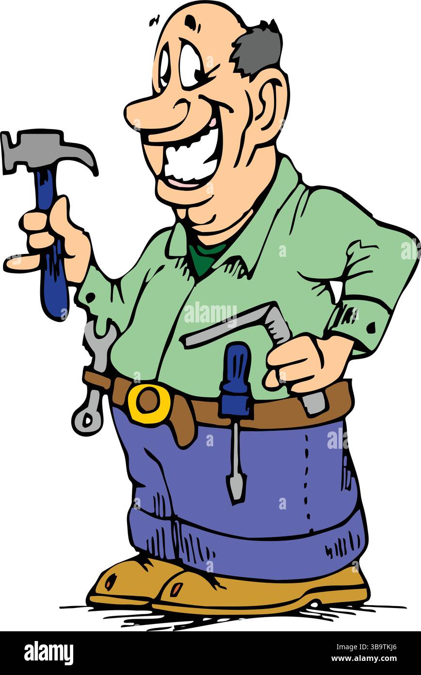 An abstract vector illustration shows a carpenter holding a hand hammer ...