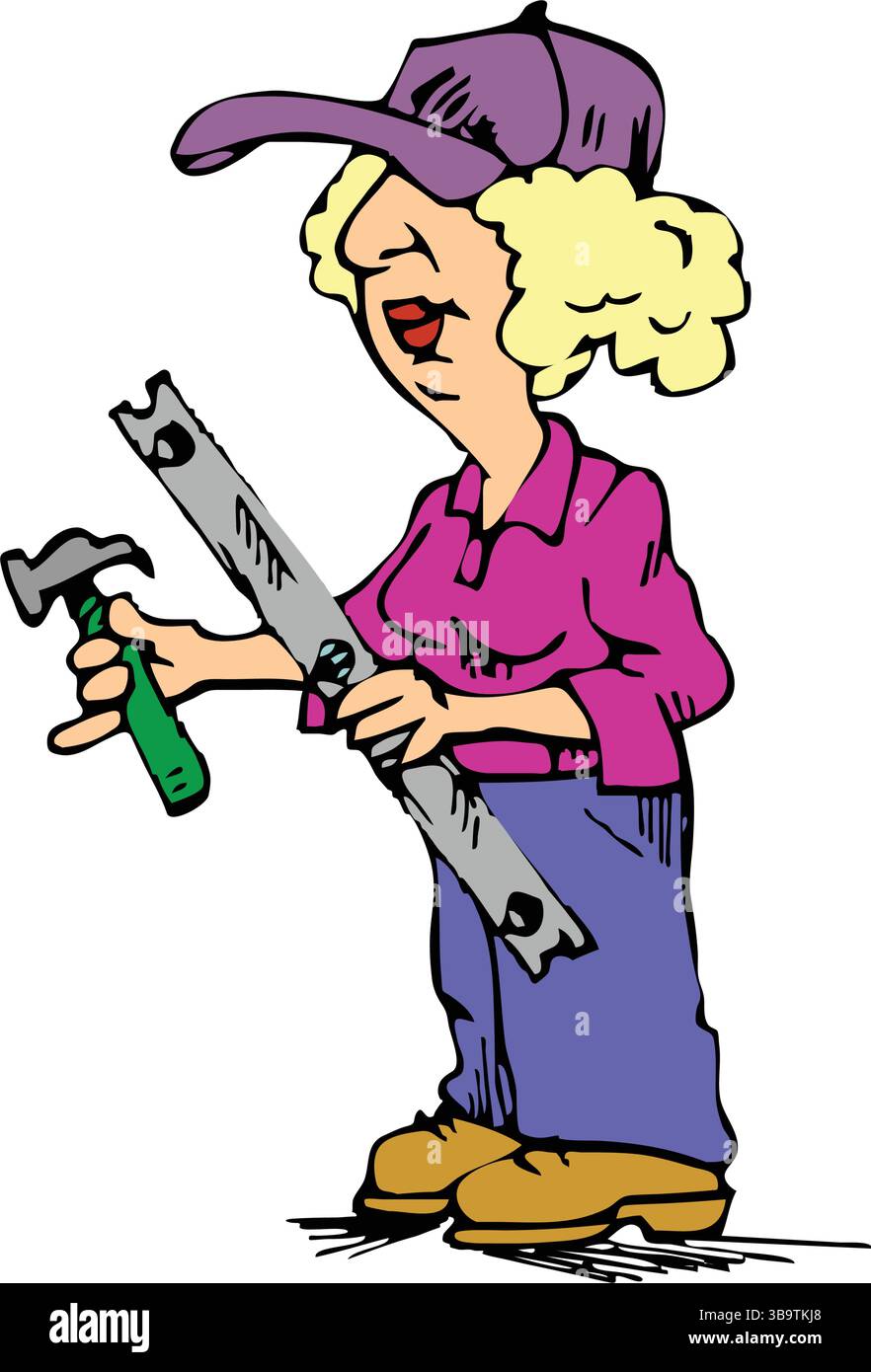 An abstract vector illustration shows a worker woman holding a hand ...