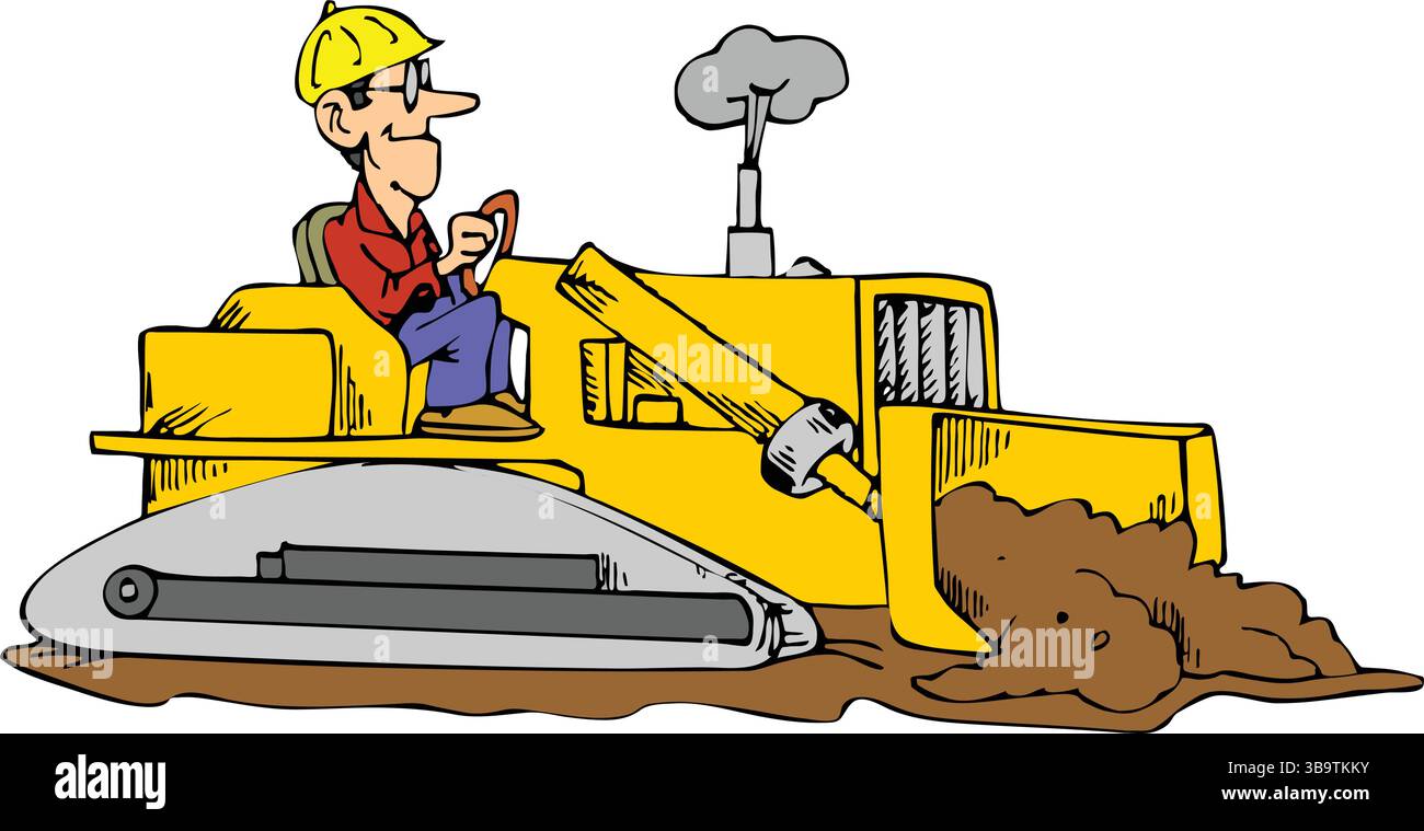An abstract vector illustration shows a worker drive bulldozer in ...