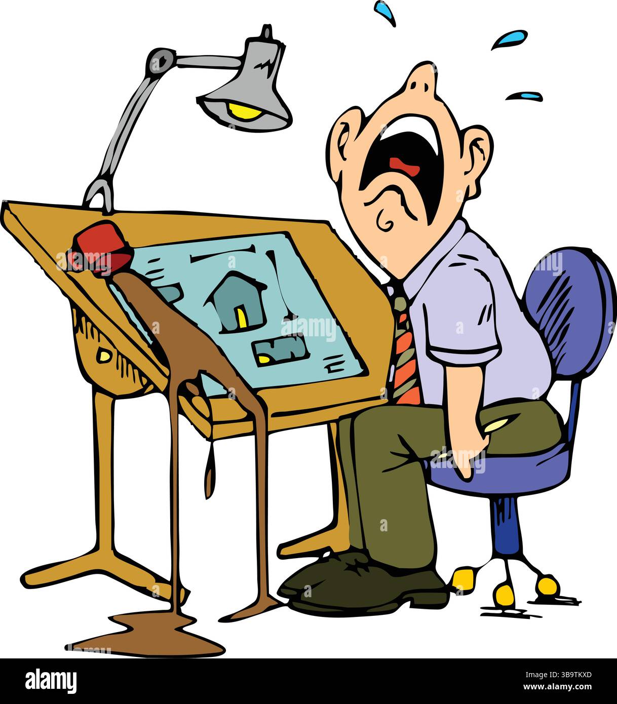 An illustration shows a engineer crying and screaming when coffee cup ...